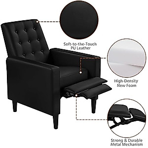 Yaheetech Faux Leather Recliner Sofa Mid-Century Modern Single Reclining Chair Adjustable Back & Footrest Tufted Upholstered Sofa with Pocket Spring Living Room Bedroom Home Theater Black