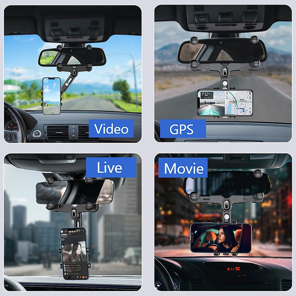 POWDAPTE Rear View Mirror Phone Holder, 360°Rotatable and Retractable Rearview Mirror Phone Holder for Car, Upgraded Four Corners Anti-Shake Multifunctional Design for All iPhone & Car Rearview Mirror