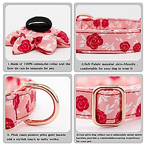 Hilkycton Dog Collar and Leash Set with Flower Bow Tie Girls Dog Collar Dog Tag Metal Buckle Adjustable for Small Medium Large Dogs Pink Roses-S