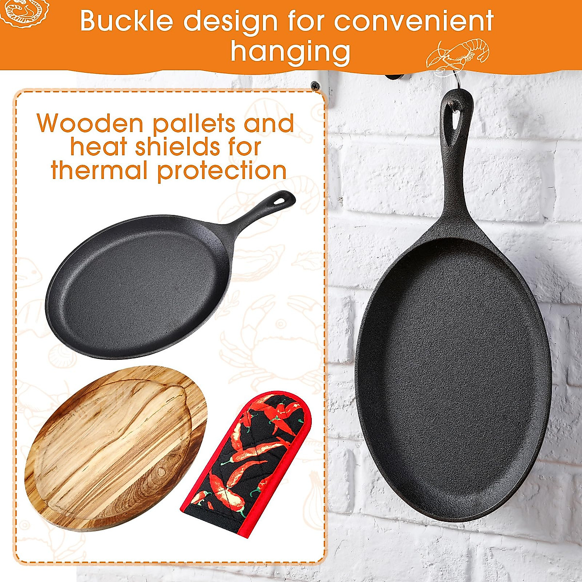 Lallisa 4 Sets Cast Iron Fajita Plate Set Fajita Plate Sizzler Pan with Wooden Tray Anti Scald Protection Hot Mitt Cast Iron Skillet Set for Home Barbeque Kitchen Party Restaurant Catering Service