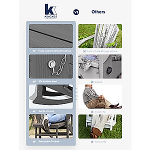 KINGYES Folding Adirondack Rocking Chair with Retractable Ottoman and Cup Holders, 4-in-1 Multifunctional HDPE Adirondack Chair for Porch, Patio, Balcony, Leaden Grey
