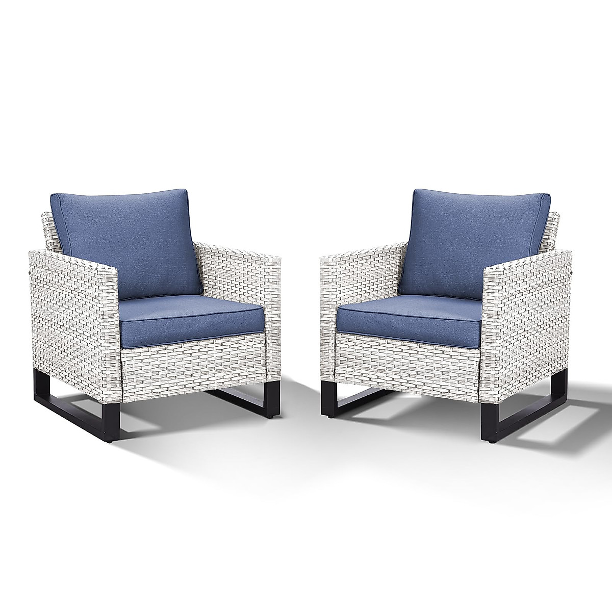 HUMMUH Outdoor Chairs PE Wicker Patio Dining Chairs Set of 2 Metal Frame Porch Chairs with 4 inch Seat Blue Cushions