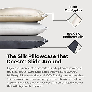 NGHT Reversible Silk Pillowcase: 100% Mulberry Silk one Side, 100% Eucalyptus Other Side - Anti-Slip Silk Pillow Covers for Soft Hair & Skin - 30” x 20” Queen Size Standard Size