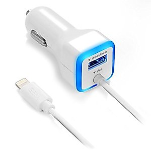 GEMBONICS Apple Certified iPhone Lightning Car Charger for iPhone 12, 11, X, XR, XS, 8, 8 Plus, 7, 7 Plus, 6S, 6S Plus, 6 Plus, SE, 5S, iPad Pro, Air 2, Mini 4 with Extra USB Port (White)