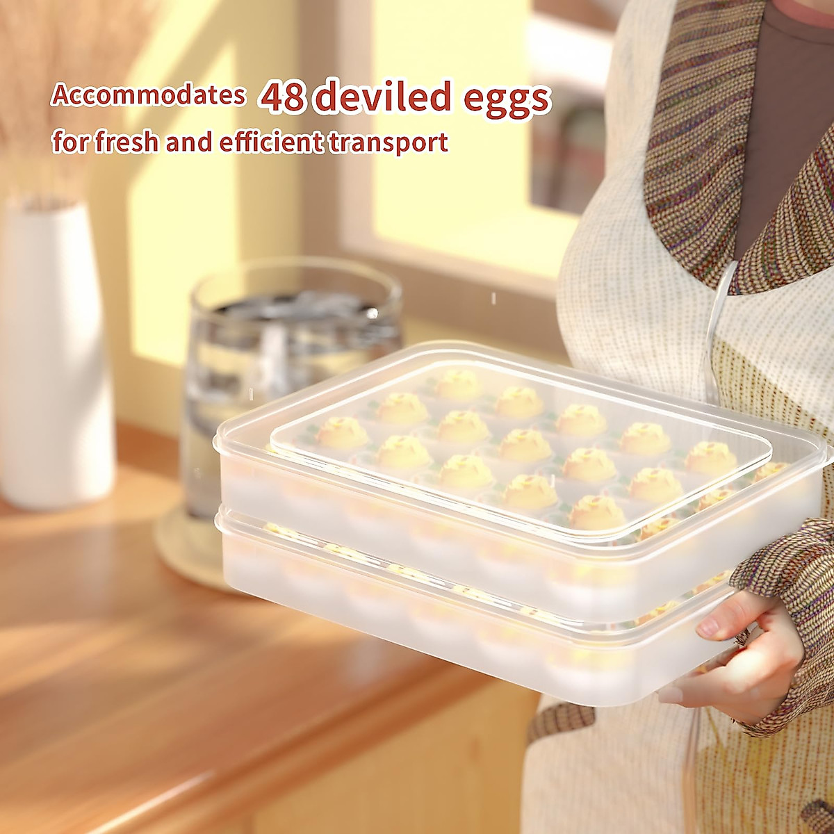 Newness Deviled Egg Containers with Lid, (Set of 2), Plastic Egg Platter for 48 Devil Eggs, Clear Storage Deviled Egg Carrier, Fridge Stackable Countertop Portable Egg Tray