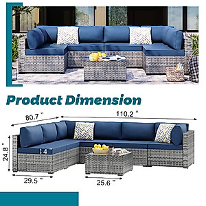 SUNLEI 7pcs Patio Conversation Sets Outdoor Furniture Sets, High Back All-Weather Rattan Sectional Sofa with Tea Table&Washable Couch Cushions(Silver Rattan) (Aegean Blue)