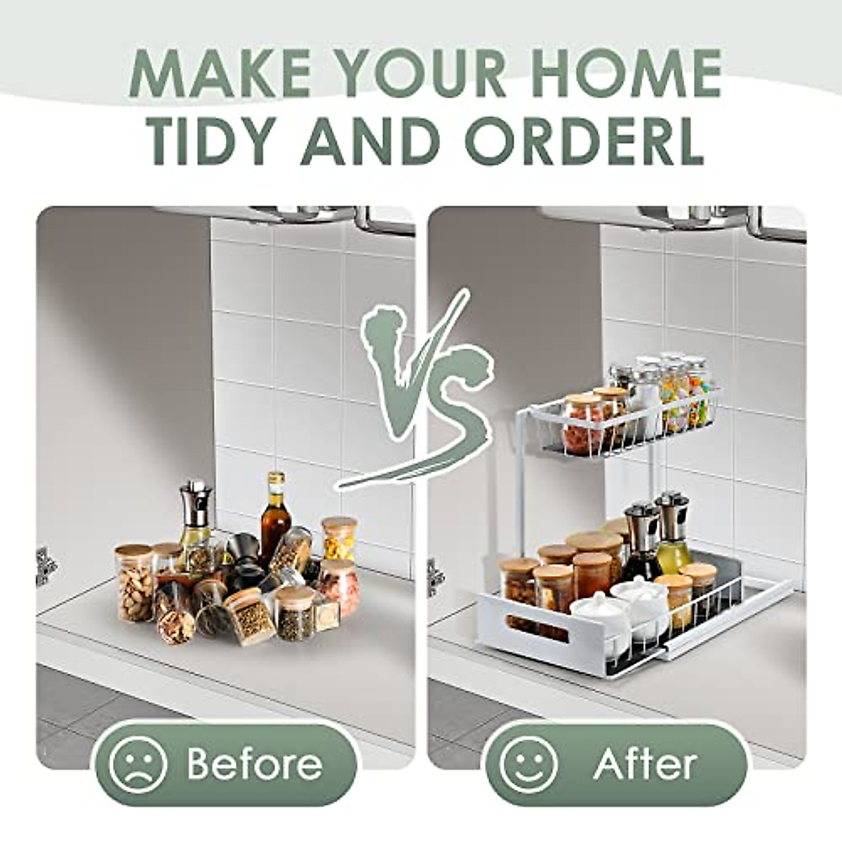 GZHDIAN Under Sink Organizer, 2-Tier Pull Under The Sink Storage Organizer, Sliding Organizer Under Sink, For Under Sink Kitchen Organizers and Storage - White