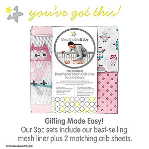 BreathableBaby 3pc Classic Crib Bedding Set– Owl Fun Pink