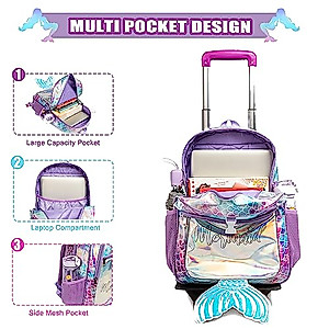 Oruiji Mermaid Rolling Backpack for Girls Backpack with Wheels for Elementary Girls with Lunch Box Wheeled Trolley Suitcase Travel Luggage