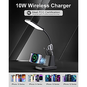GOLSPARK Desk Lamp with Wireless Charger, LED Desk Lamp for Home Office 3 Color Modes CRI90+ Eye-Caring Reading Light with Pen Holder, Dimmable Gooseneck Touch Control Table Lamp for College Dorm Room