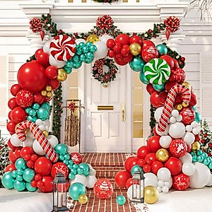 AobkDeco 153PCS Christmas Balloon Garland Arch Kit Red White Gold balloons Candy Foil Balloons Candy Cane Balloons Printing Snowflake Balloons for Christmas Party Decorations