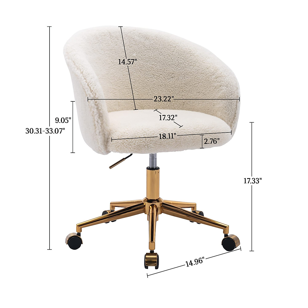 White Modern Faux Fur Home Office Chair, Upholstered Round Fluffy Chair Makeup Vanity Chair for Teen Girls Swivel Desk Chair with Gold Base, 3'' Adjustable Height Leisure Elegant Office Chair