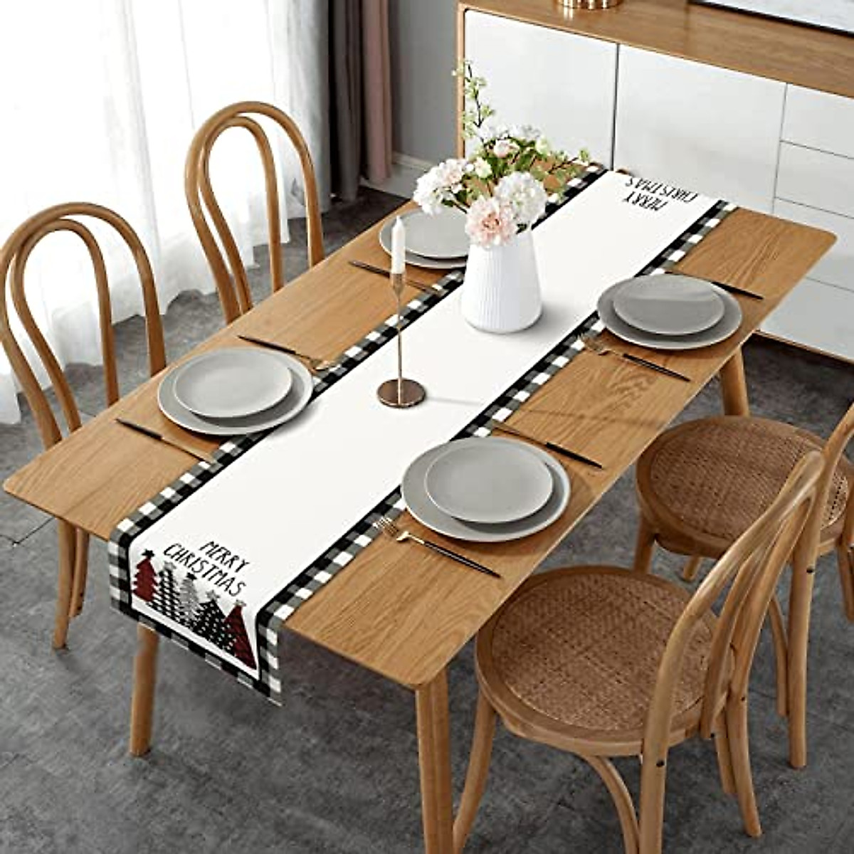 UYPGOIN Waterclor Buffalo Plaid Christmas Trees Table Runner, Seasonal Winter Merry Xmas Holiday Kitchen Dining Decoration for Indoor Outdoor Home Party 13x72 Inches