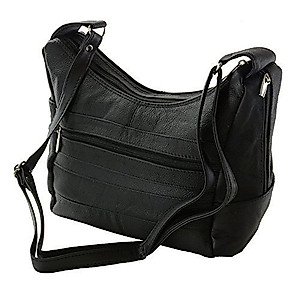 Marshal Women's Genuine Leather Purse Adjustable Strap Mid Size Multi Pocket Shoulder Bag (Black)