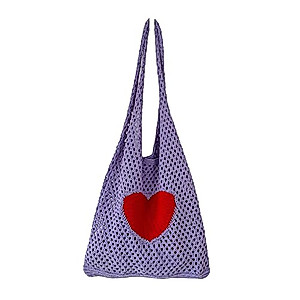 Beach Bag Aesthetic Knitted Tote Bag Fairy Grunge Bag Crochet with Heart Pattern Tote Bags(beige)