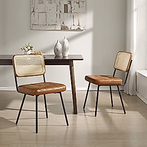 Art Leon Rattan Dining Chairs, Set of 2, Rubber Wood Frame, Mid Century Modern Dining Room Chairs with Rattan Woven Back, Faux Leather Upholstered Kitchen Chairs with Black Metal Legs, Yellow Brown