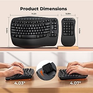Meetion Master Wave Keys Ergonomic Wireless Keyboard, 2.4G Wireless/Bluetooth Split Keyboard with Wrist Rest, Separate Mini Numeric Keypad for Financial Accounting, for Mac/Windows/Laptop/PC/Tablet ﻿