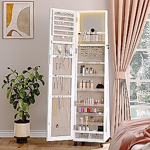 YITAHOME Mirror Jewelry Cabinet with Lights Standing Jewelry Armoire Storage Rotatable Full Length Mirror Jewelry Organizer Lockable Jewelry Armoire with Wheels for Bedroom, Cloakroom, White