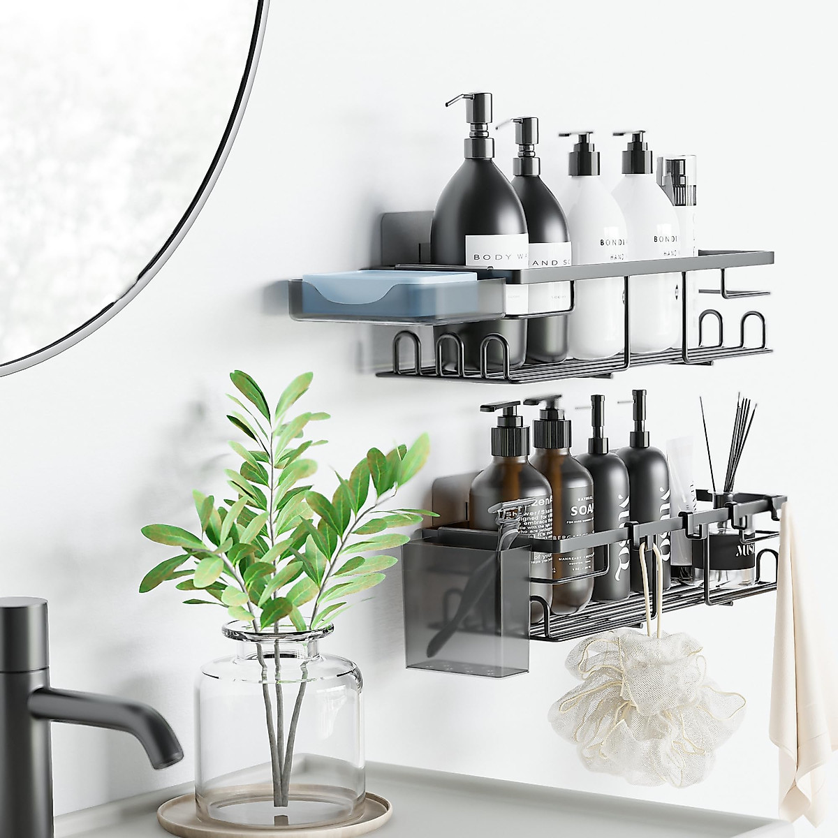 Eowihor Shower Caddy, 5 Pack Adhesive Bathroom Shower Organizer Large Capacity Shower Shelves Storage Stainless Shower Rack with Toothbrush Holders, Soap Holder and Removable Hooks for Home Kitchen