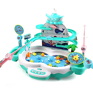 CUTE STONE Fishing Game Toys with Slideway,Electronic Toy Fishing Set with Magnetic Pond,10 Fish,3 Magnetic Dolphins,2 Toy Fishing Poles,Learning Educational Toys with Music Story for Kids Toddlers