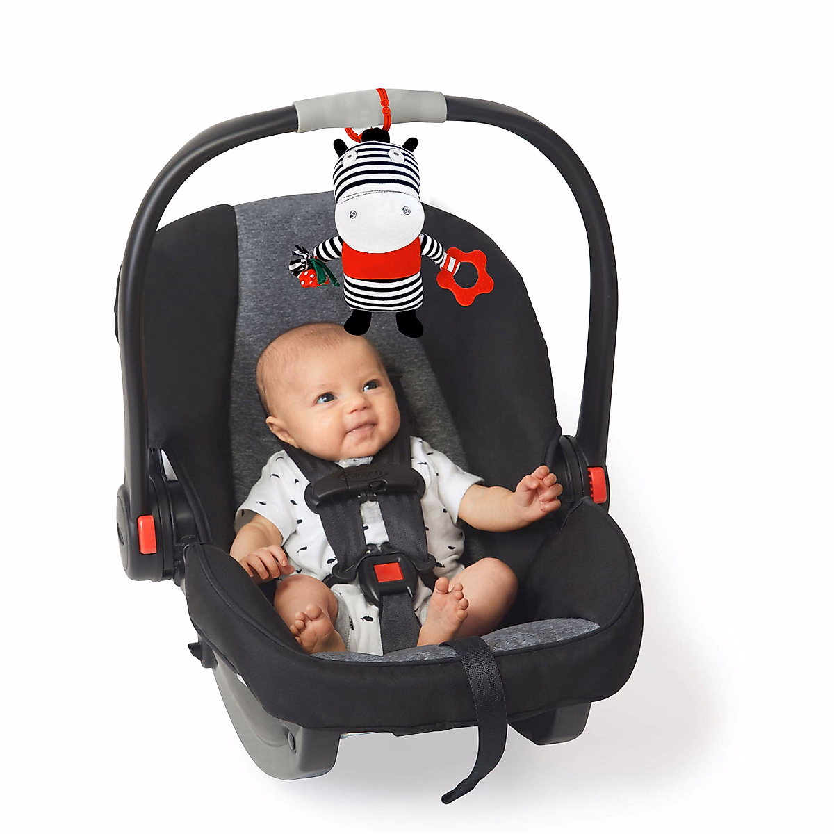 Genius Baby Toys Zebra Teether & Sensory Toy for Car Seat, Stroller in Black White Red for Baby