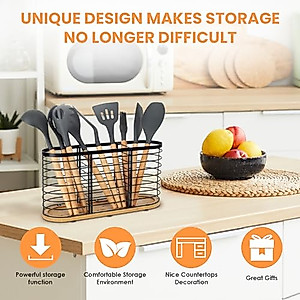 Utensil holder for Kitchen Counter- Large Utensils Holder For Farmhouse Cooking 13.5" x 4.3" x 6.9" with Wooden Base Matte Black Cooking Utensil Holder Spatula Holder Utensil Caddy