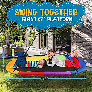 SereneLife 67" Giant Platform Tree Swing with Hang Kit, Outdoor Swing Set for Kids and Adults with 700 lbs Weight Capacity, Cushion Padded Metal Frame, Heavy-Duty Swing Ropes, Rainbow