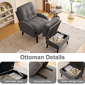 SENYUN Accent Chair with Ottoman, Comfy Living Room Chair and Storage Ottoman Set, Adjustable Extra-Thick Padded Backrest & Side Pocket, Lazy Sofa Chair for Bedroom