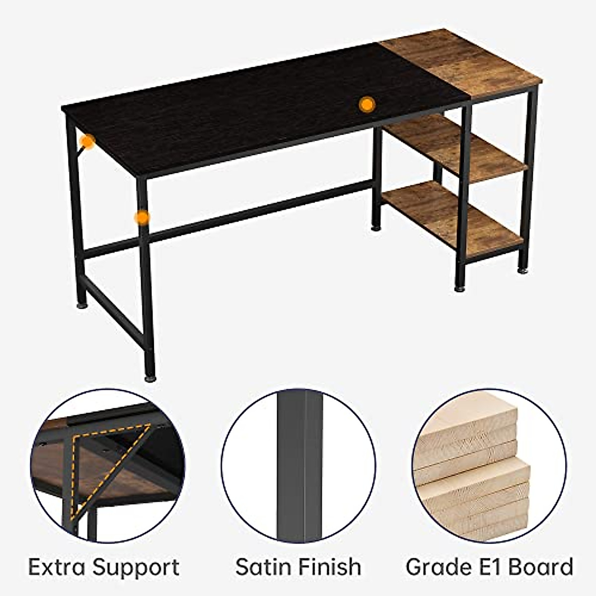 JOISCOPE Home Office Computer Desk,Study Writing Desk with Wooden Storage Shelf,2-Tier Industrial Morden Laptop Table with Splice Board,60 inches(Black Oak Finish)