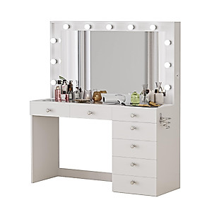 Boahaus Serena LARGE Makeup Vanity with Hollywood Lights Built-in, 7 Drawers, Hollywood Mirror, Hairdryer Hanger, Glass Top, Crystal Knobs, White Vanity Makeup Desk for Bedroom, 58'' Hx47''Wx17''D