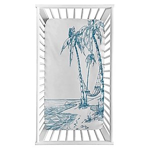 Beach Fitted Crib Sheet,Modern Illustration of a Tropical Beach with Palm Trees and Hammock Hawaiian Relax Microfiber Silky Soft Toddler Mattress Sheet Fitted,28"x 52"x 8'',Baby Sheet for Boys Girls