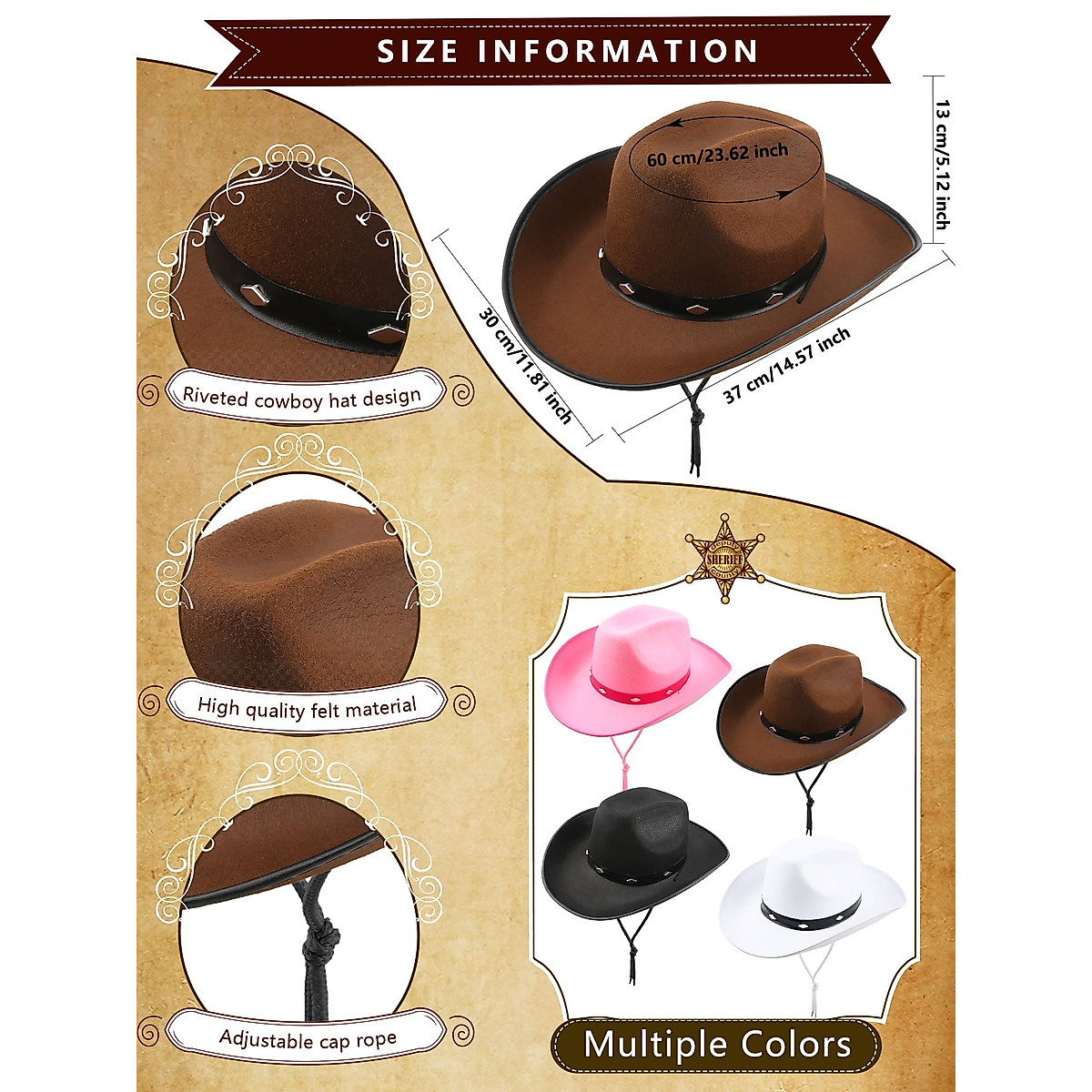 SGBETTER 4 Pack Cowboy Hat Felt Studded Western Rodeo Texan Cowboy Cowgirl Hat for Adult Cowboy Theme Party Costume Accessory Cosplay Dress up, 4 Colors