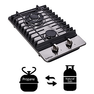 12 Inch Gas Cooktop, Built-in Stainless Steel 2 Burners Gas Stovetop LPG/NG Convertible Gas Stove Dual Fuel Gas Hob for RVs, Apartments, Outdoor DT223-01