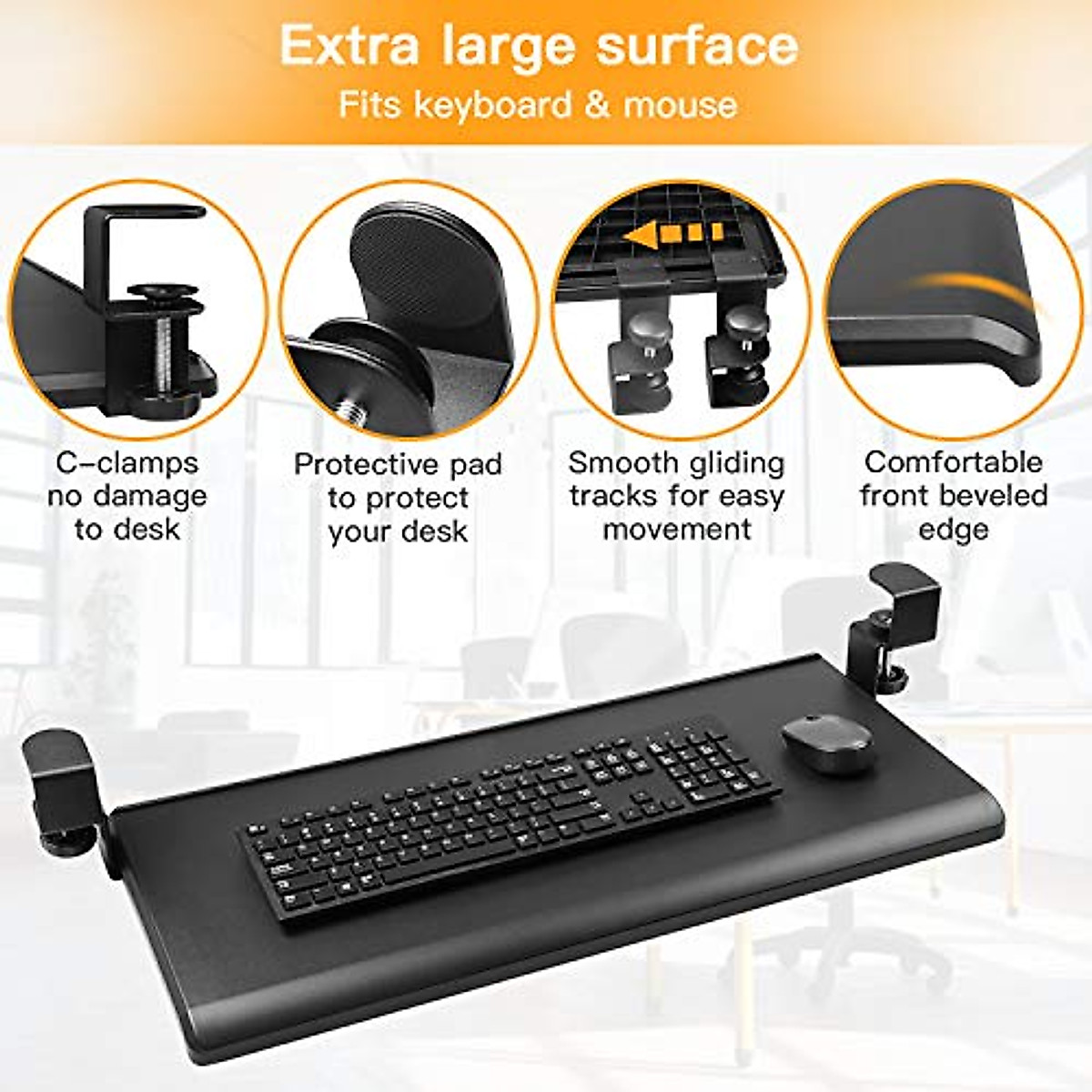 HUANUO Keyboard Tray Under Desk with C Clamp-Large Size, Steady Slide Keyboard Stand, No Screw into Desk, Perfect for Home or Office