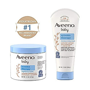 Aveeno Baby Eczema Therapy Nighttime Moisturizing Balm with Colloidal Oatmeal & Ceramide, 11 oz and Eczema Therapy Moisturizing Cream, Natural Colloidal Oatmeal & Vitamin B5, 7.3 oz