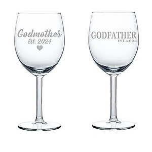MIP Set of 2 Wine Glass Goblet Gift Godmother Est 2024 And Godfather Est 2024 (10 oz)
