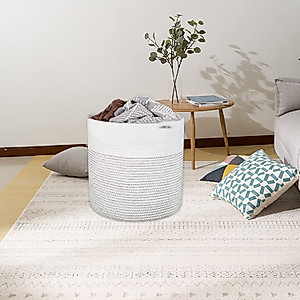 Woven Laundry Basket, Cotton Rope Hamper for Clothing,Toys, Pillows, Towels, Decorative Blanket Basket for Nursery, Living Room, 17" X 16.5"