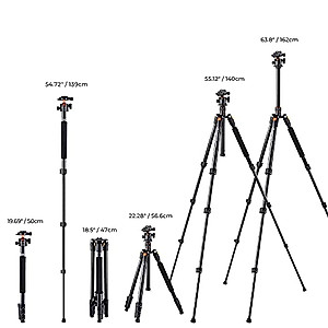 K&F Concept 64 inch/162cm Camera Tripod, Compact Aluminum Alloy Travel Tripods with 28mm Metal Ball Head 10KG/22lbs Load Capacity, Detachable Monopod, for SLR DSLR Digital Camera(B234A1+BH-28L)