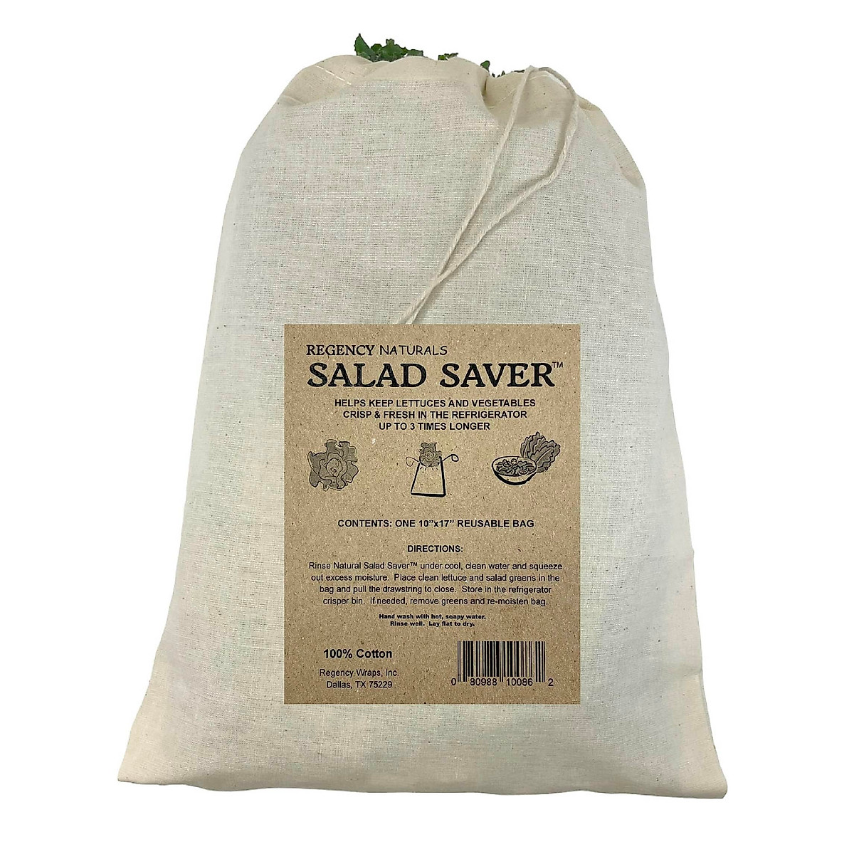 Regency Wraps Salad Saver, Reusable Drawstring Produce Bag for Storing Lettuce, Veggies and Fruit in the Refrigerator to keep fresh longer, 100% Cotton Kitchen Essential, 10 x 17 ", Natural