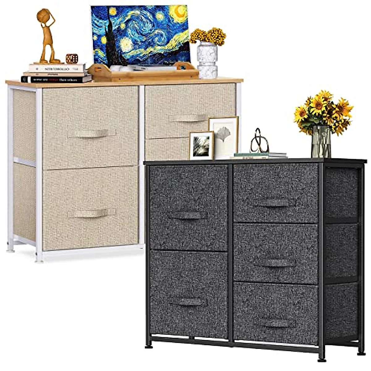 Pipishell Fabric Dresser, 5 Drawer Storage Chest Tower, Organizer Unit for Bedroom, Hallway, Entryway, Closets and Living Room -Sturdy Steel Frame, Wood Top, Easy Pull