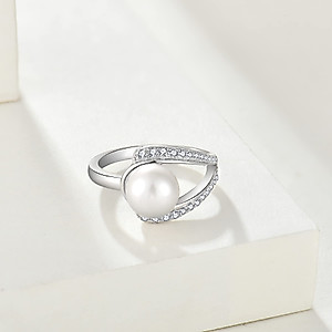 STARCHENIE Pearl Ring for Women,9mm Cultured Freshwater Pearl Cubic Zirconia Ring Sterling Silver size8