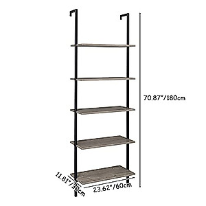 ANTSKU 5 Tier Wall Mounted Ladder Shelf, Ladder Bookshelf with Metal Frame and Wood Shelf, Modern Learning Bookcase for Living Room, Bedroom, Office (23.6" W x 11.8" D x 70.8" H, Antique Gray)