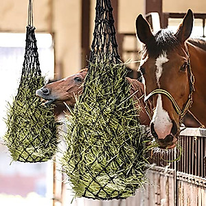 Woiworco 2 Packs Slow Feed Hay Net for Horses, 40 inch Length 2 x 2 inch Holes Goat Hay Feeder, Adjustable Nylon Hanging Hay Bags for Horse Goat Feed, Horses Stall and Trailer, Reduce Waste