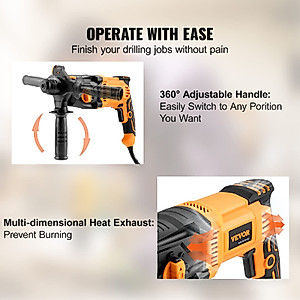 VEVOR 1 Inch SDS-Plus Rotary Hammer Drill, 8 Amp Corded Drills, Heavy Duty Chipping Hammers w/Safety Clutch, Electric Demolition Hammers, Taladro Rotomartillo, Power Tool For Concrete