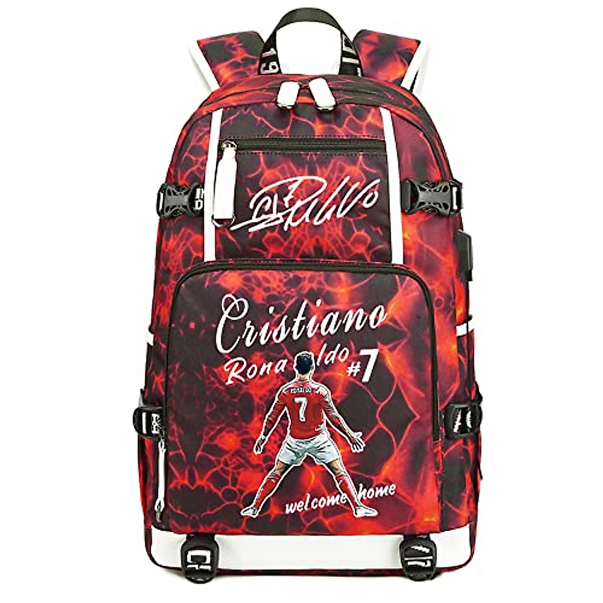 NUCERY Soccer Player C-ristiano Ronaldo Multifunction Backpack Travel Student Laptop Fans Flame Element Bookbag For Men Women (Dark Red - 4)