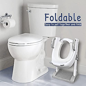 Potty Training Toilet Seat with Step Stool Ladder for Kids and Toddler Boys Girls - Soft Padded Seat with Foldable Anti-Slip Wide Step and Safety Handles - Gray