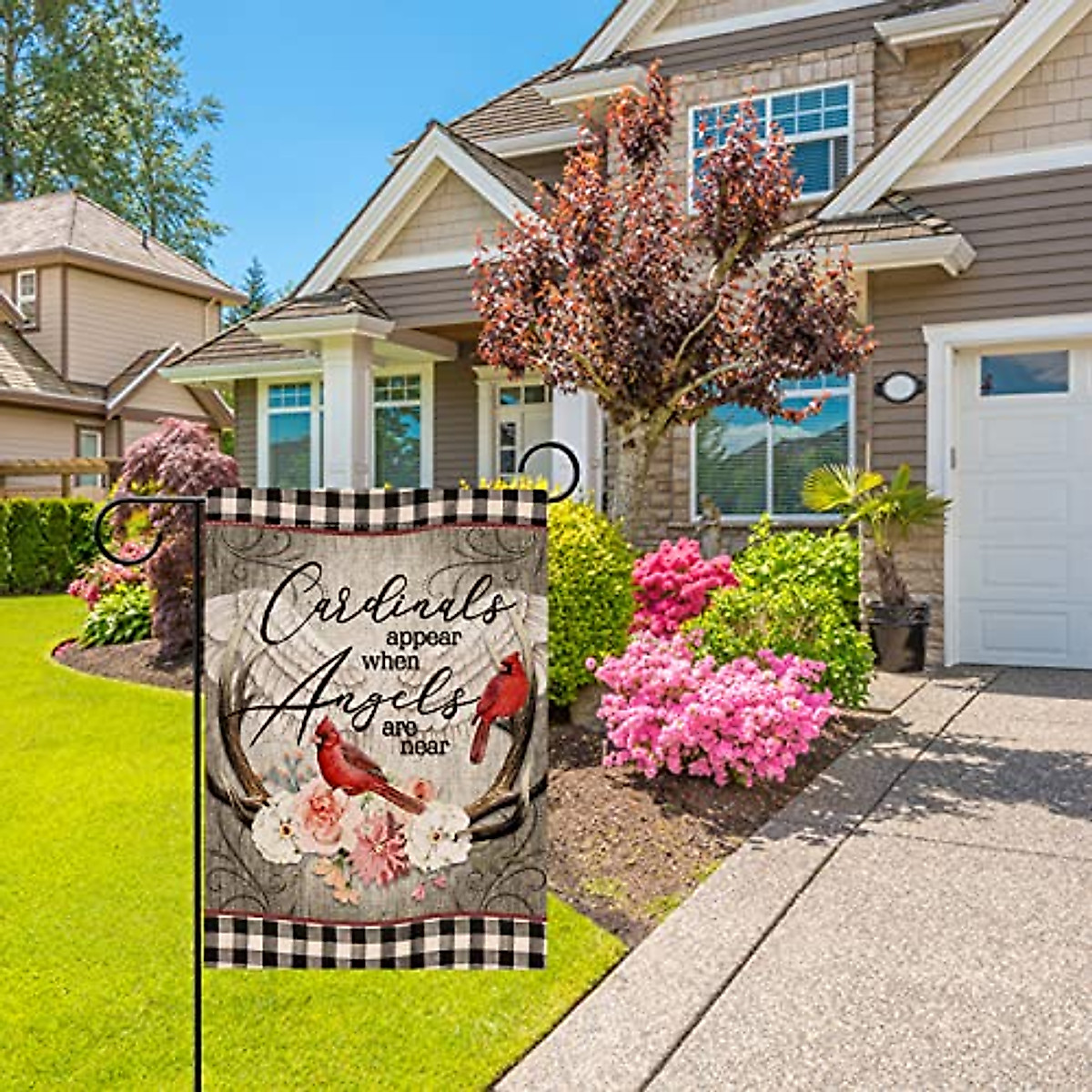 Hzppyz Cardinals Appear When Angels are Near Spring Peony Flower Home Decorative Garden Flag, Buffalo Plaid House Yard Red Bird Double Sided, Outside Decoration Farmhouse Outdoor Small Decor 12x18