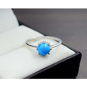 Natural Blue Sleeping Beauty Turquoise Cabochon Gemstone 7 MM Round 925 Sterling Silver December Birthstone Solitaire Unisex Proposal Ring For Engagement Gift (Rhodium Plated Silver, 7.5)