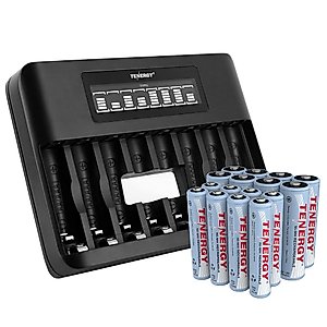 Tenergy 16 Pack AA and AAA Rechargeable Batteries and Compatible Charger, Precharged 8xAA and 8xAAA Batteries Ideal for Everyday Household Electronics…