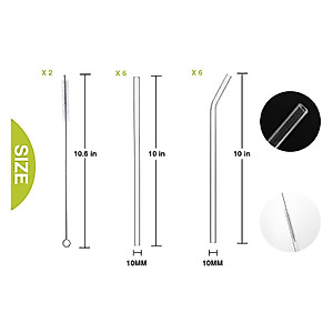 Emica 10"x10mm Long Reusable Glass Straws, Clear Drinking Straws for Smoothie, Milkshakes, Tea, Juice-12 Pack Including 6 Straight and 6 Bent with 2 Cleaning Brush, Perfect for Hot or Cold Drinks